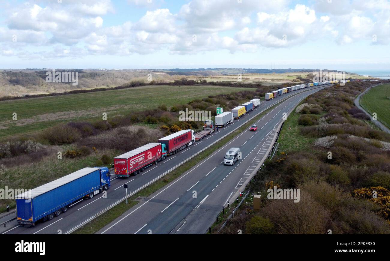 Lorries queue for Port of Dover along the A20 in Kent as the getaway ...