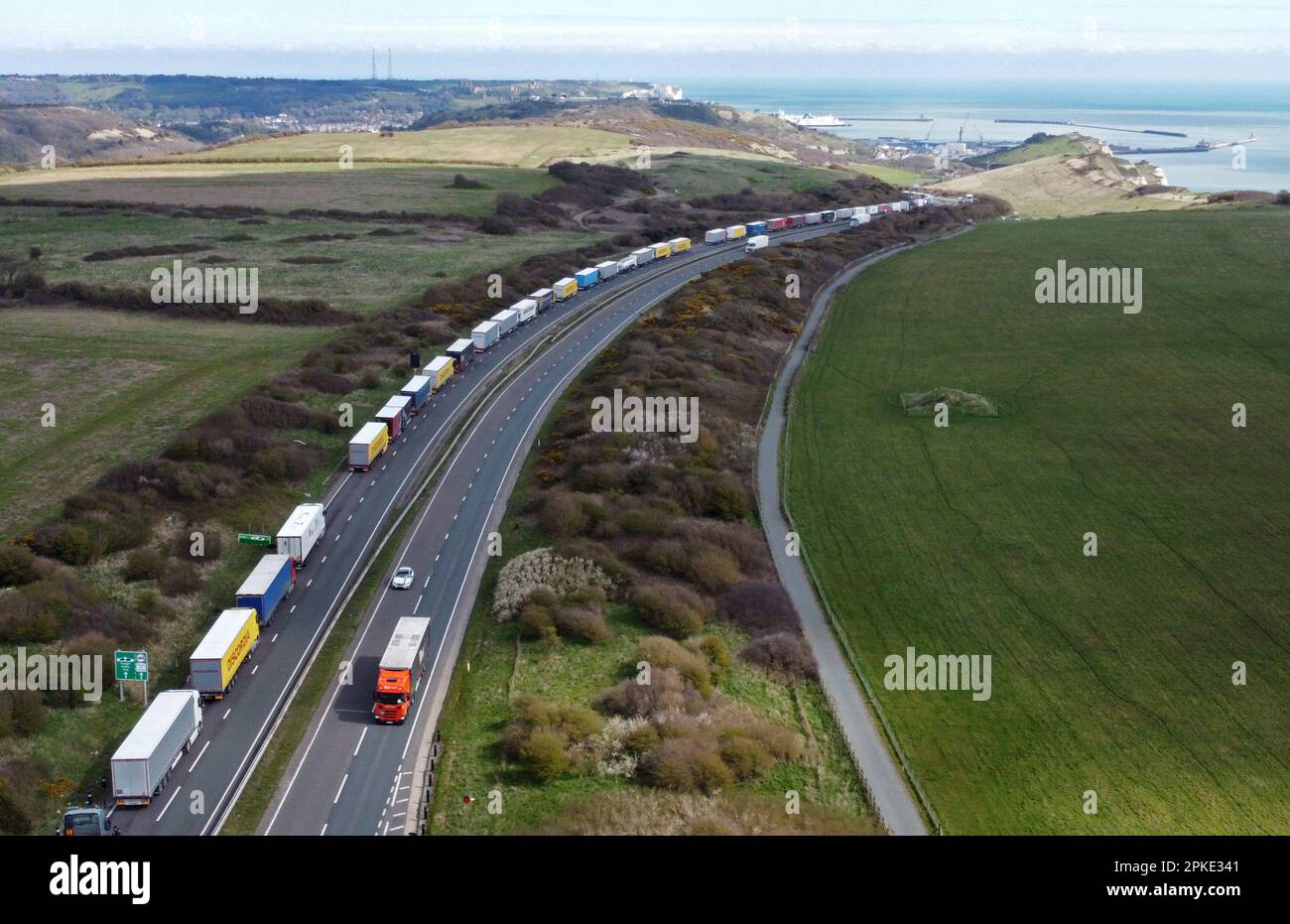 Lorries queue for Port of Dover along the A20 in Kent as the getaway ...
