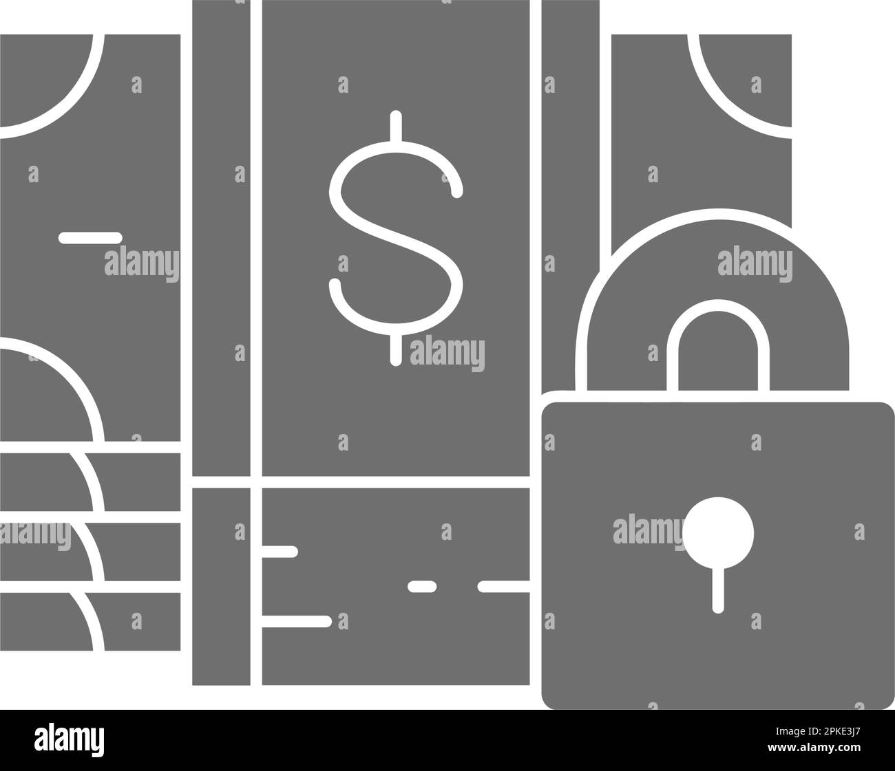 Pile of money banknotes with lock, secure payments grey fill icon. Cash ...