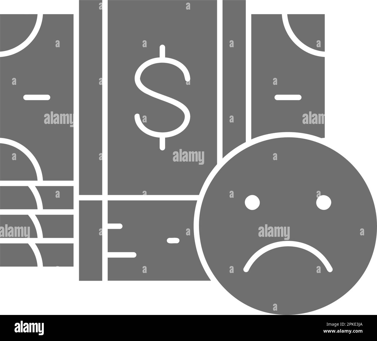 Dollar banknotes with sad face, bankruptcy grey fill icon. Cash payment ...