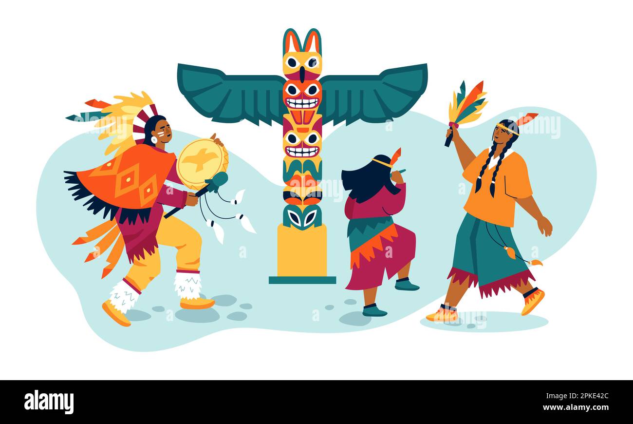 Ritual dance around the totem - modern colored vector illustration ...