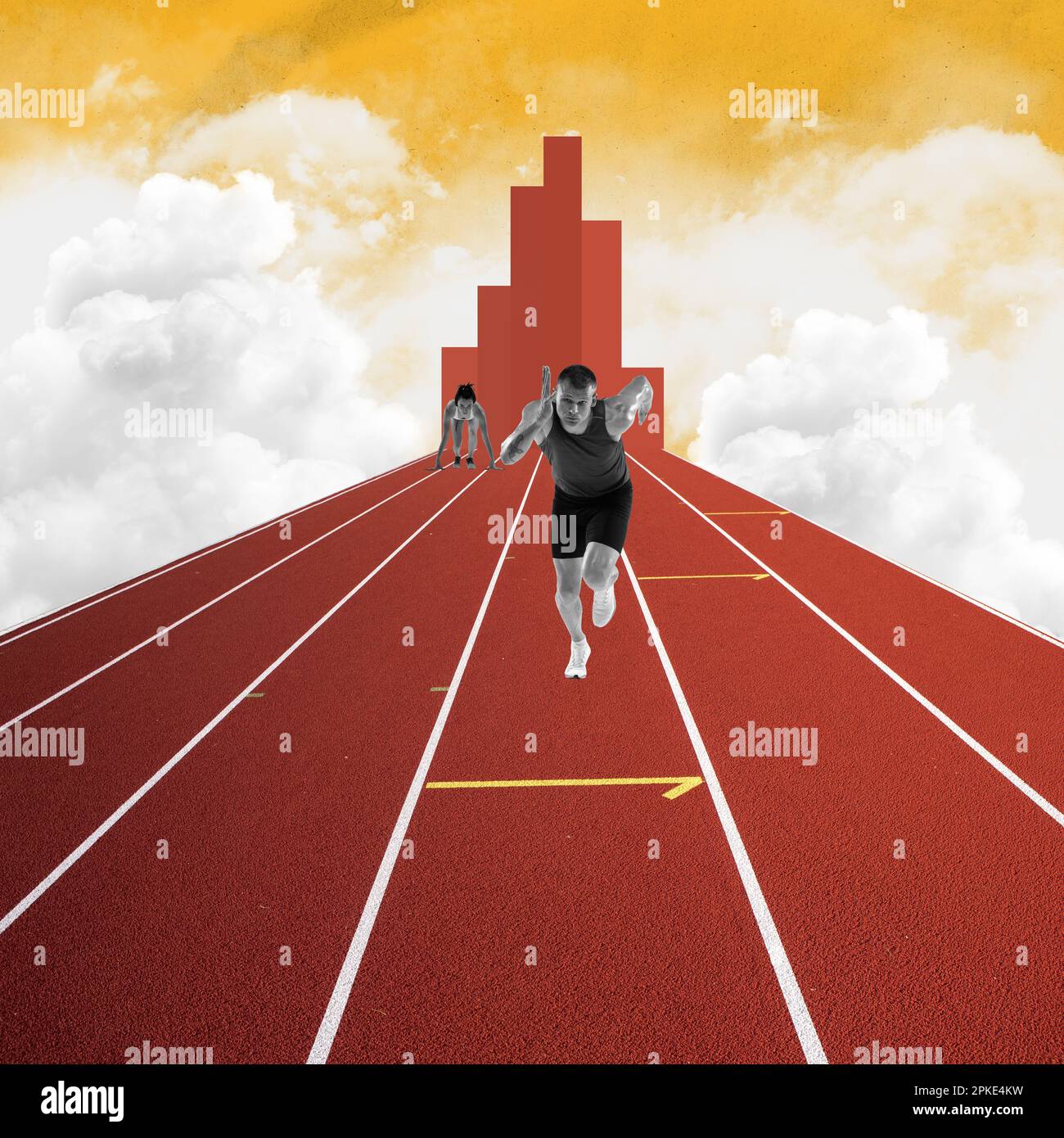 Competitive young man and woman running at stadium during marathon over ...