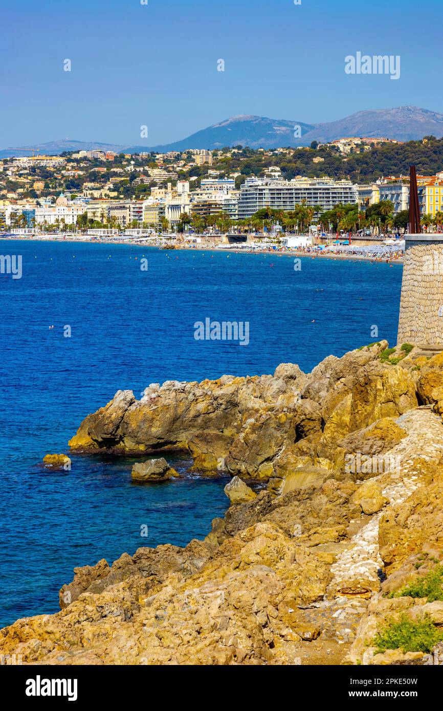 Nice, France - August 5, 2022: Nice shore and beach panorama with Prom ...