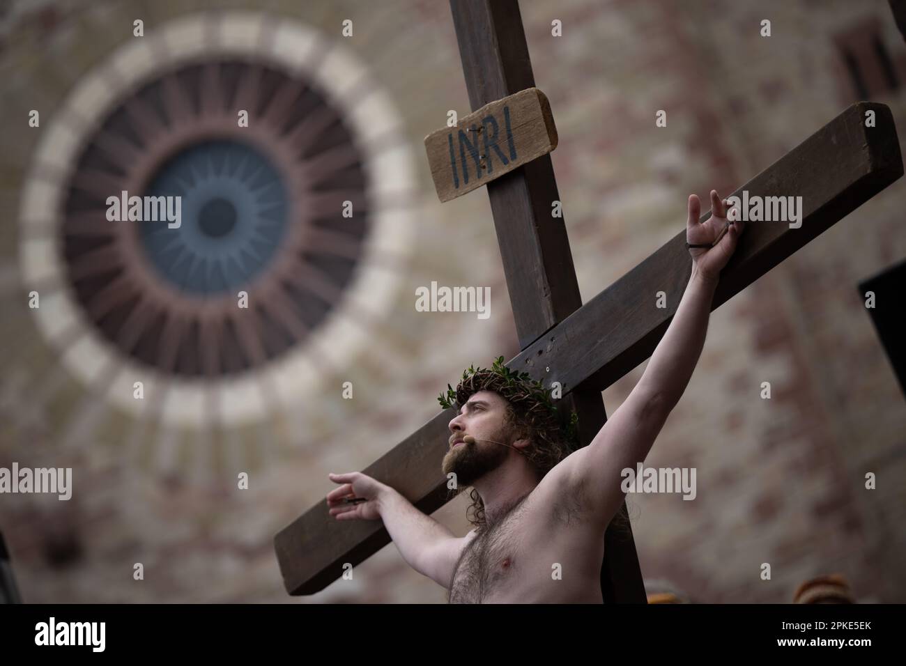Bensheim, Germany. 07th Apr, 2023. Jesus (Julian Lux) hangs on the ...