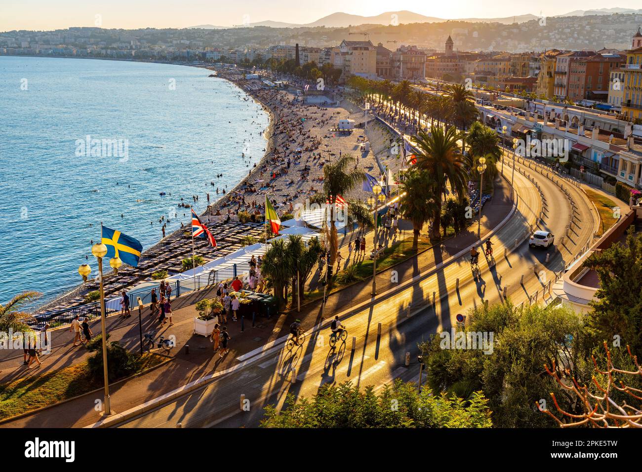 Nice, France - August 5, 2022: Nice shore and beach sunset panorama ...