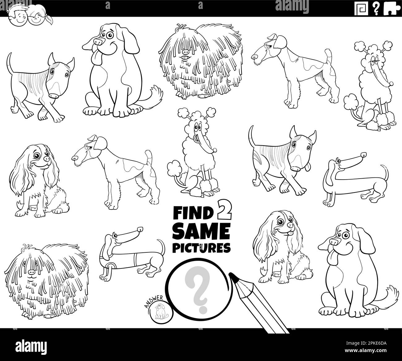 Black and white cartoon illustration of finding two same pictures ...