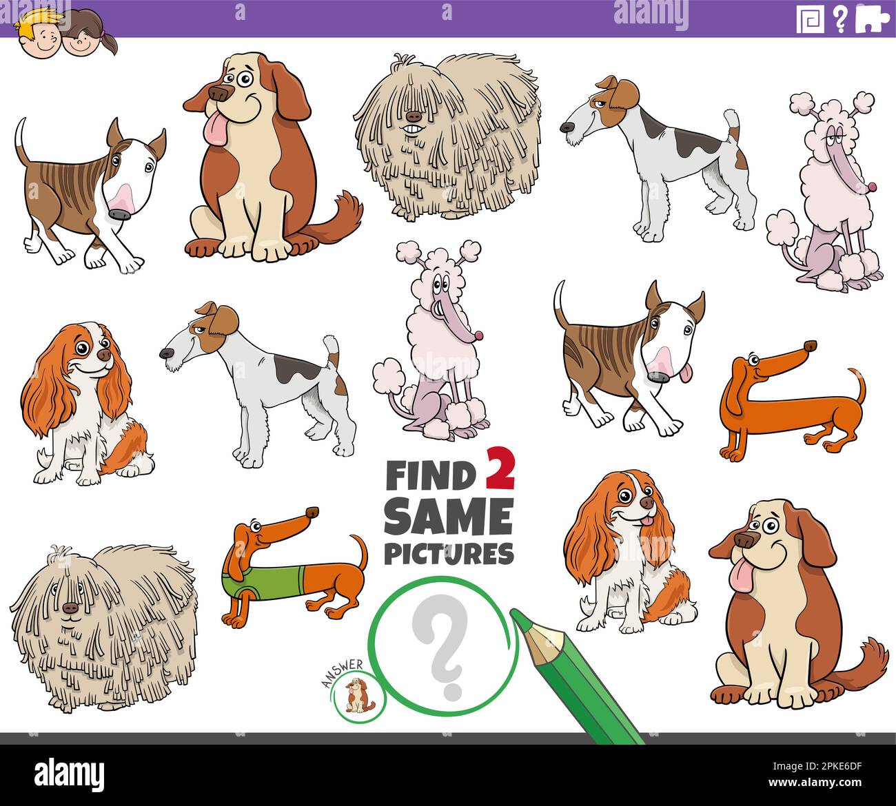 Cartoon illustration of finding two same pictures educational activity ...