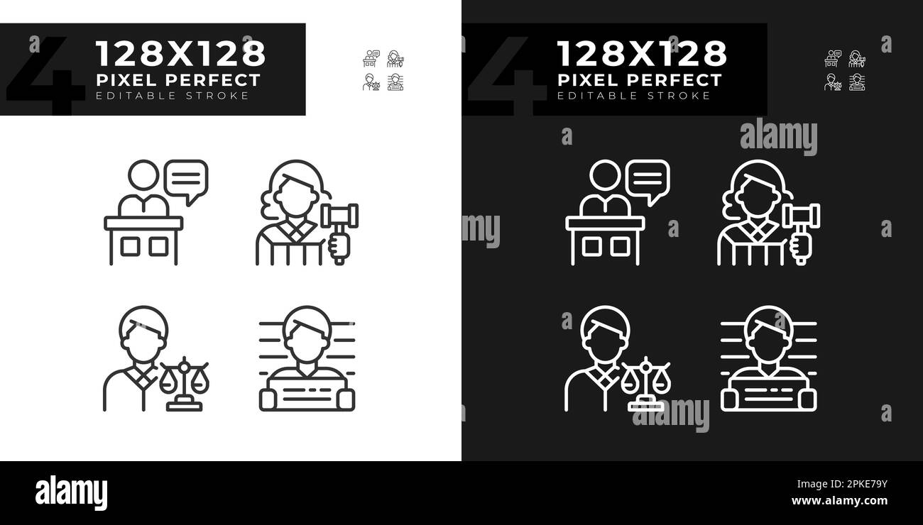 Trial process participants pixel perfect linear icons set for dark, light mode Stock Vector ...