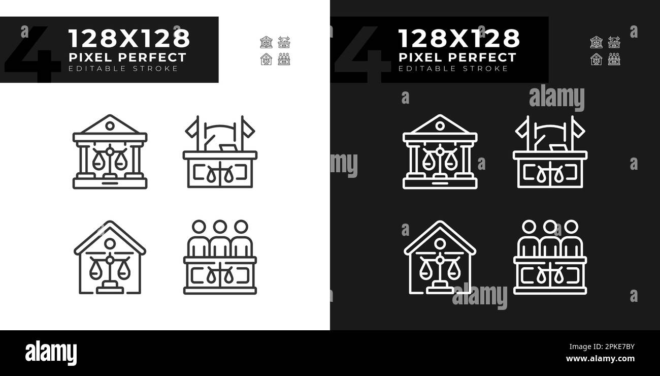 State institutions of law pixel perfect linear icons set for dark ...
