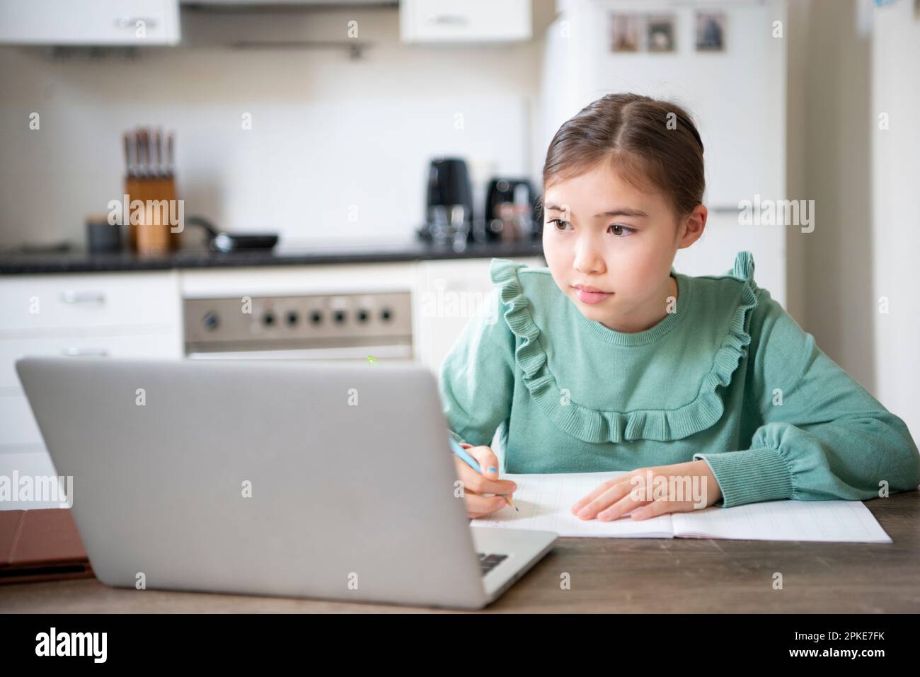 Girl studying at home using computer Stock Photo - Alamy