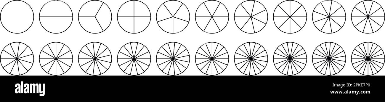Fractions pie divided for math. Circle pie with pieces. Segment slice set. Simple geometry ...