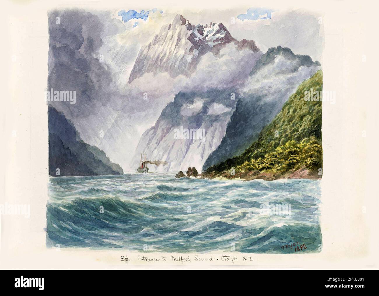 Watercolour of the entrance of Milford Sound, Fiordland. Painted by ...