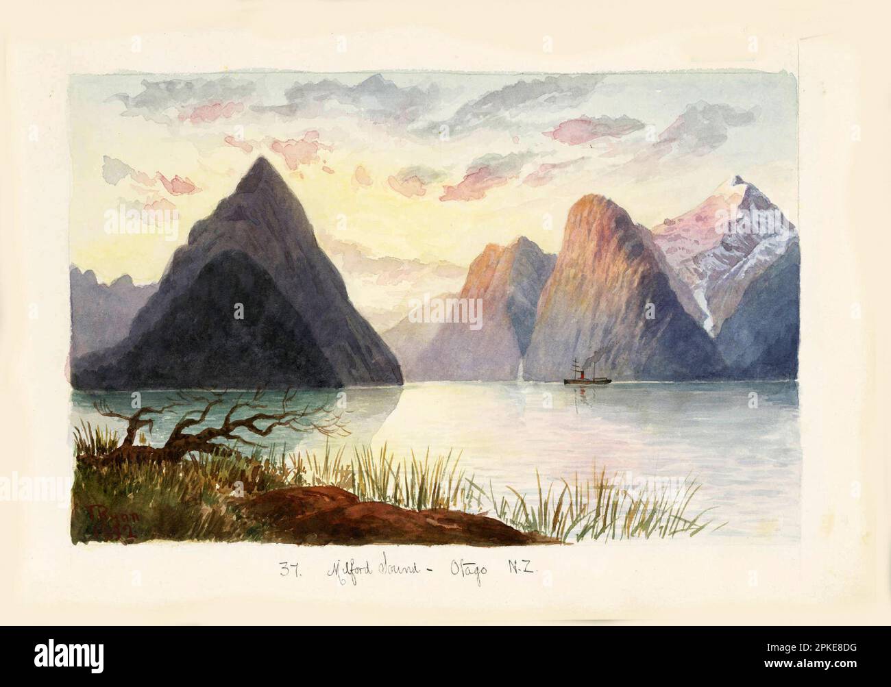 Watercolour of Milford Sound, Fiordland. Painted by Thomas Ryan while ...