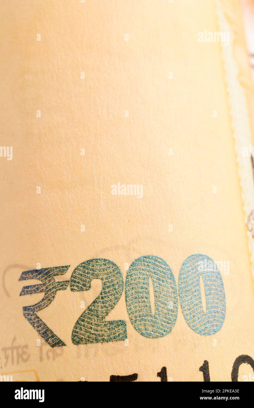 200 rupee printed on indian currency note Stock Photo - Alamy