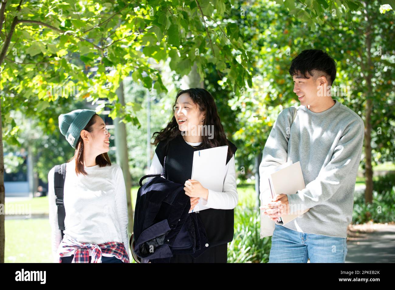 Three college students laughing and talking Stock Photo - Alamy