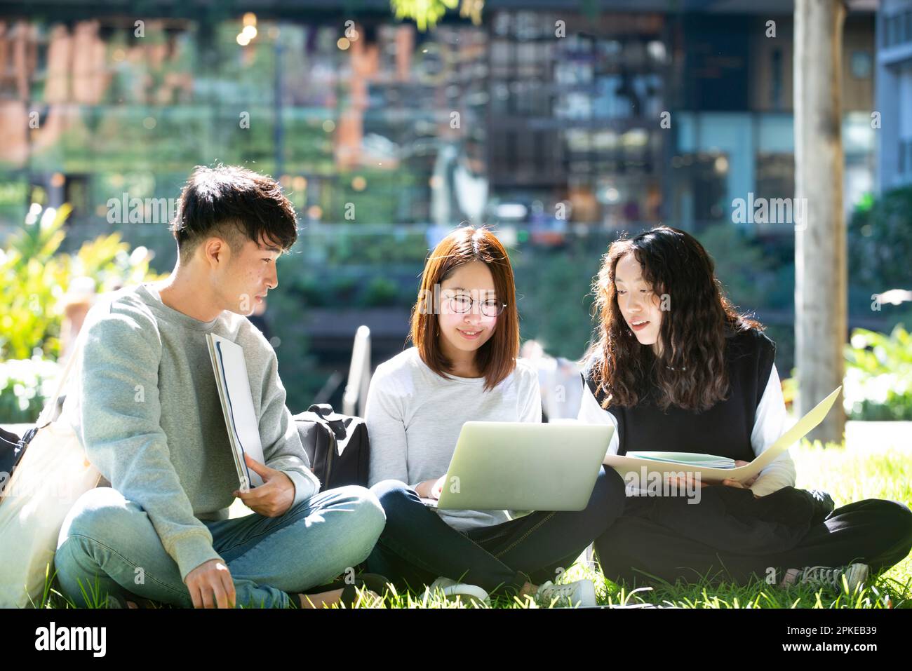 3 students studying on a computer outside Stock Photo - Alamy