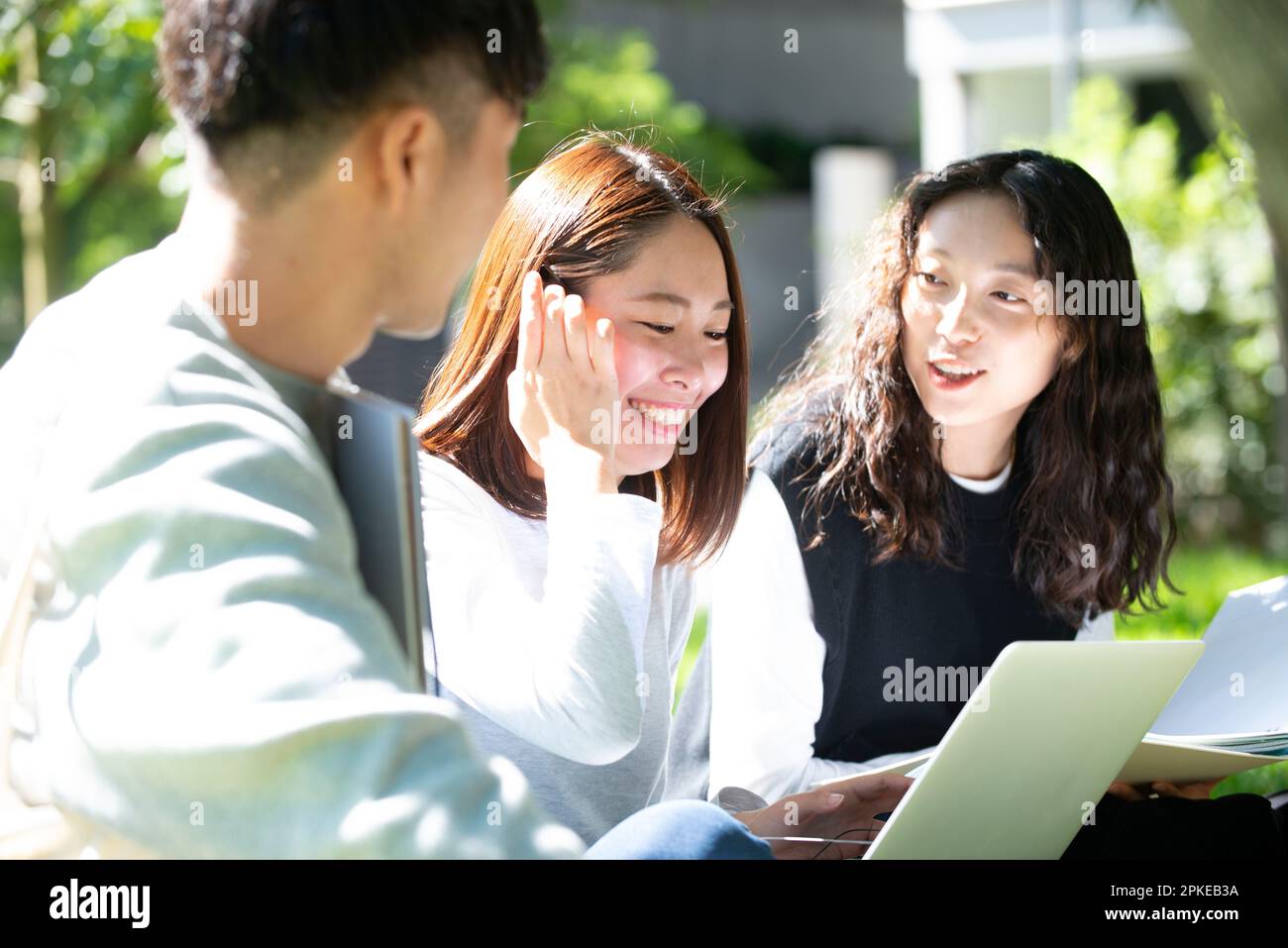 3 students studying with computer open outside Stock Photo - Alamy