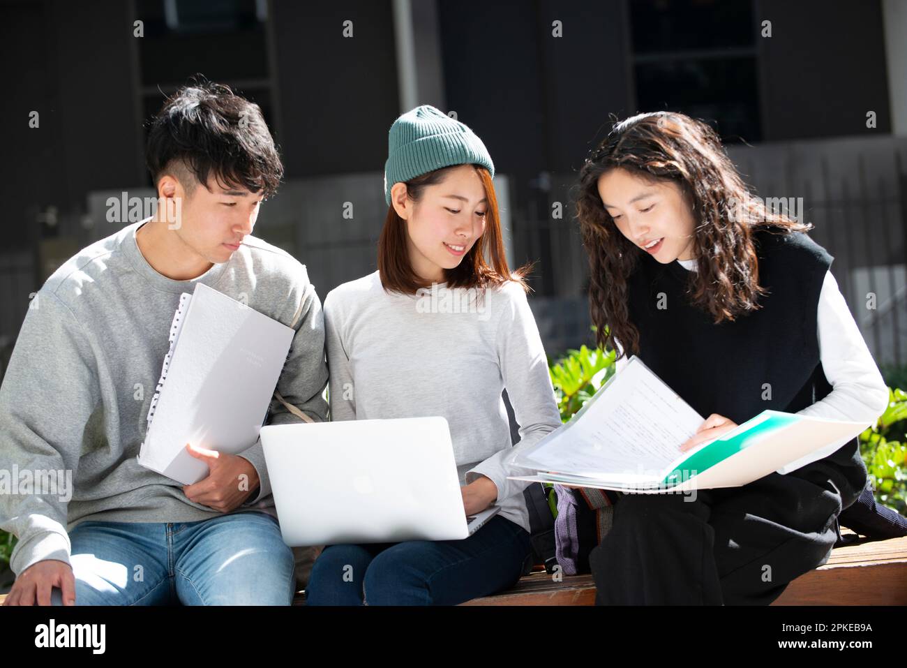 Three students talking with files spread out Stock Photo - Alamy
