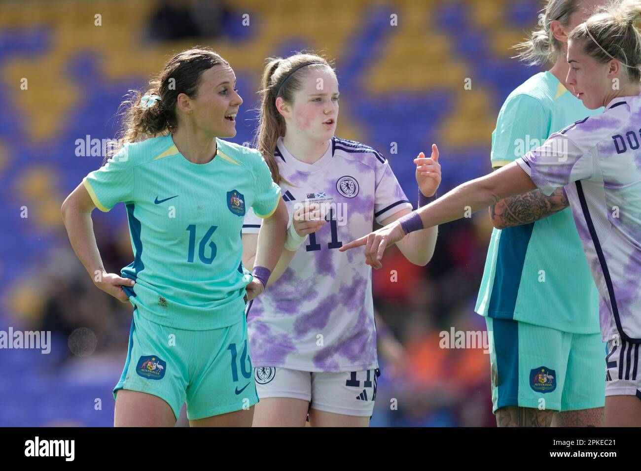 Australia's Hayley Raso, left, argues with Scotland's Nicola Docherty ...