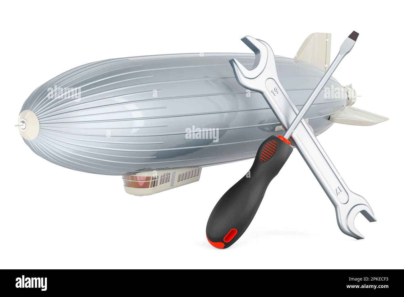 Airship or dirigible balloon with screwdriver and wrench, 3D rendering ...