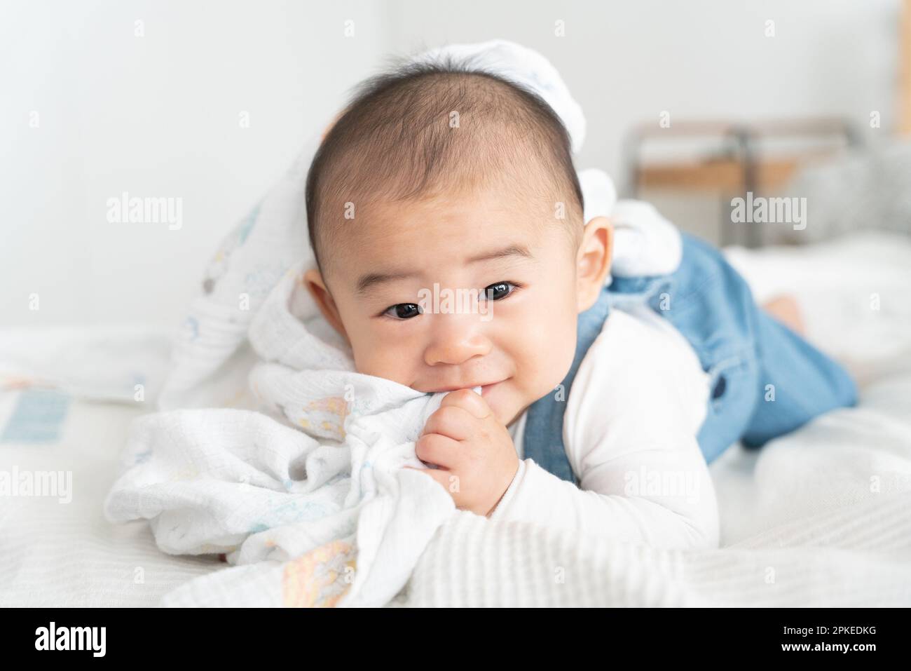 Baby chewing towel Stock Photo - Alamy
