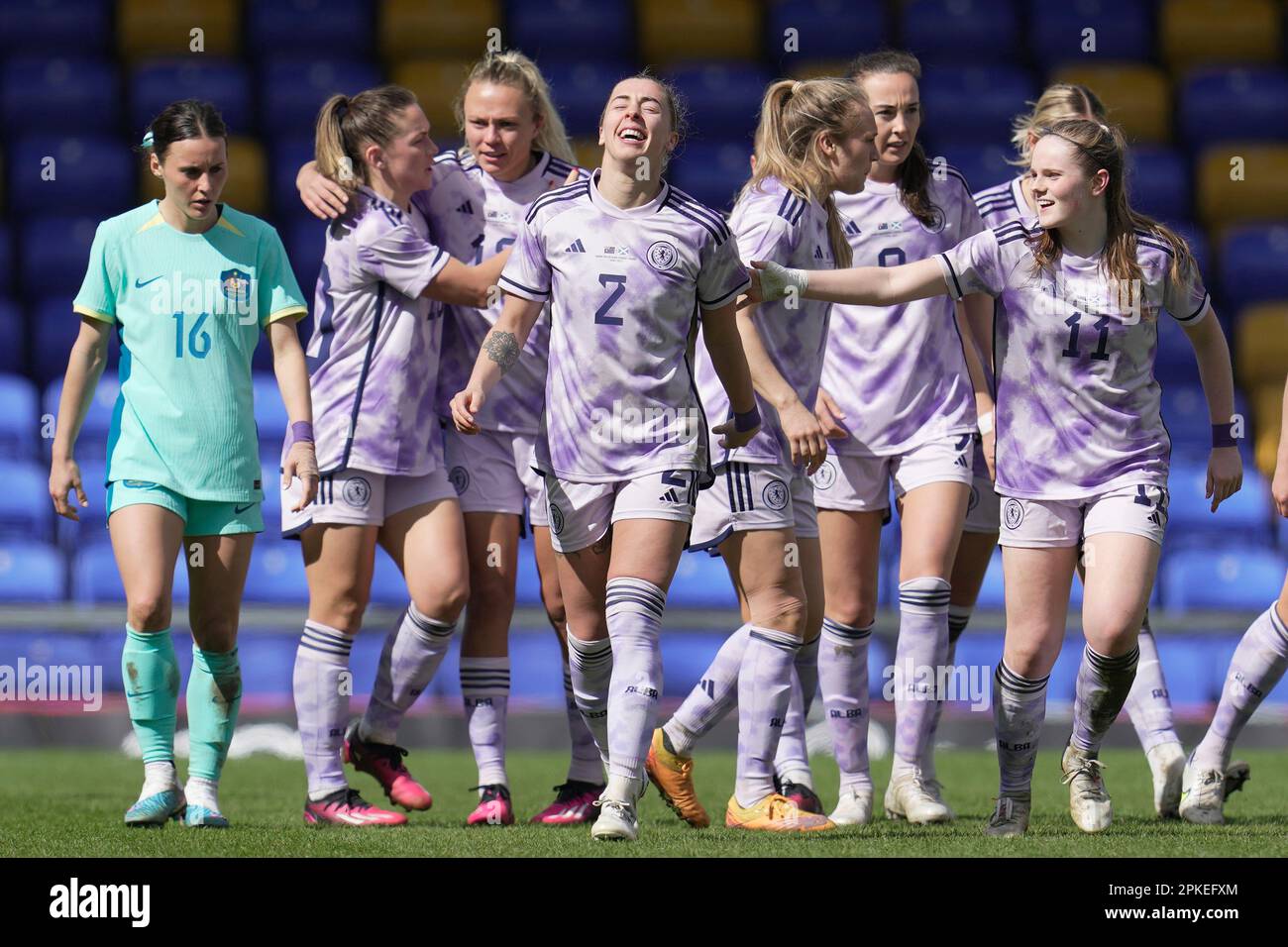 Scotland's Nicola Docherty, centre, celebrates after scoring her side's ...