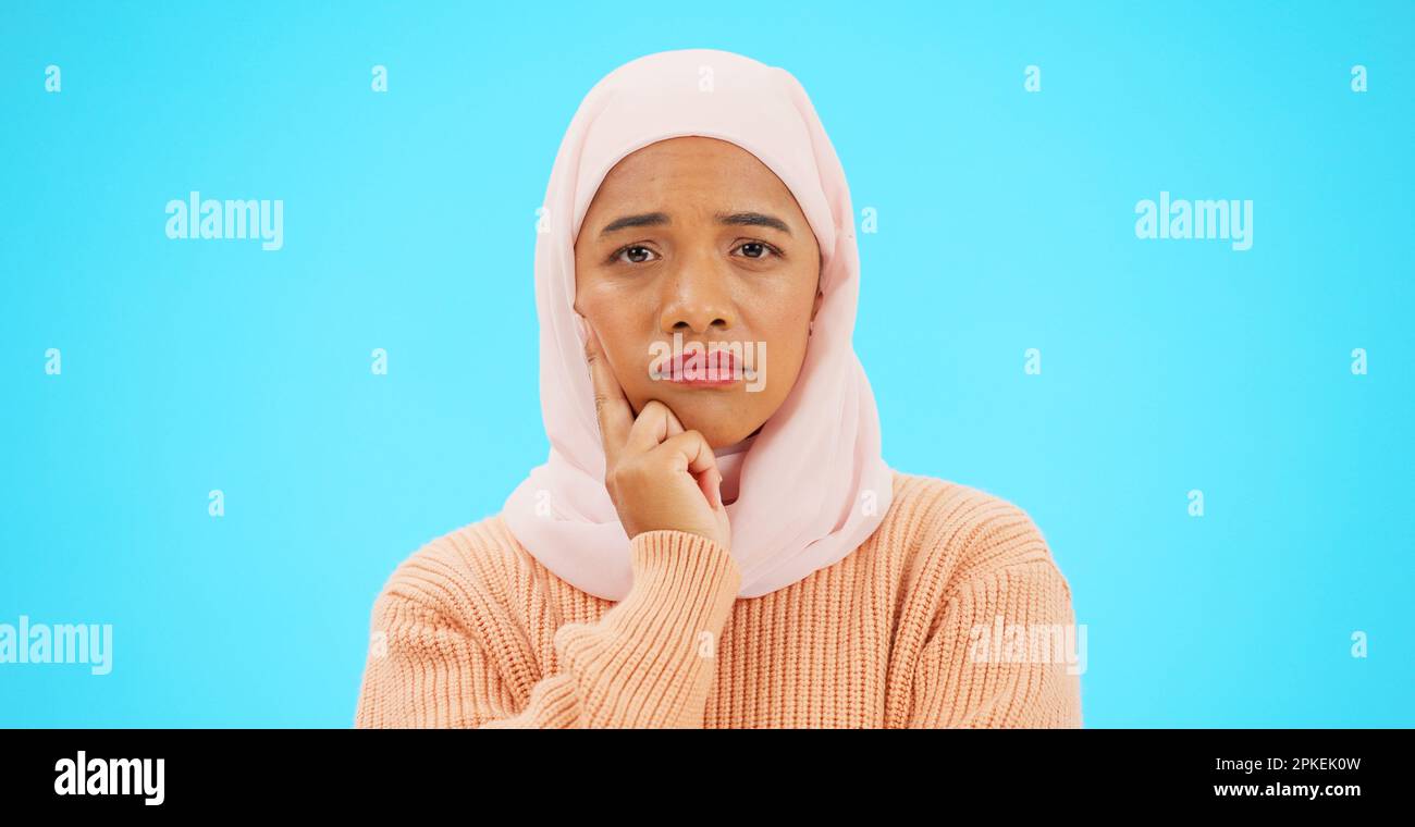 Muslim woman, thinking and idea with hand on face for mockup ...