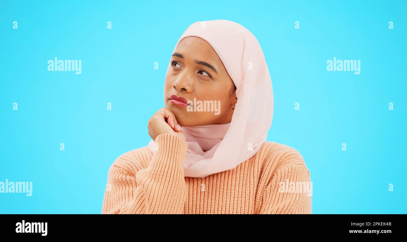 Muslim woman, thinking and idea with hand on face for mockup ...