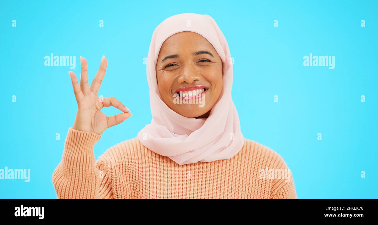 Muslim woman, ok sign and smile on face with hand for emoji, icon or ...
