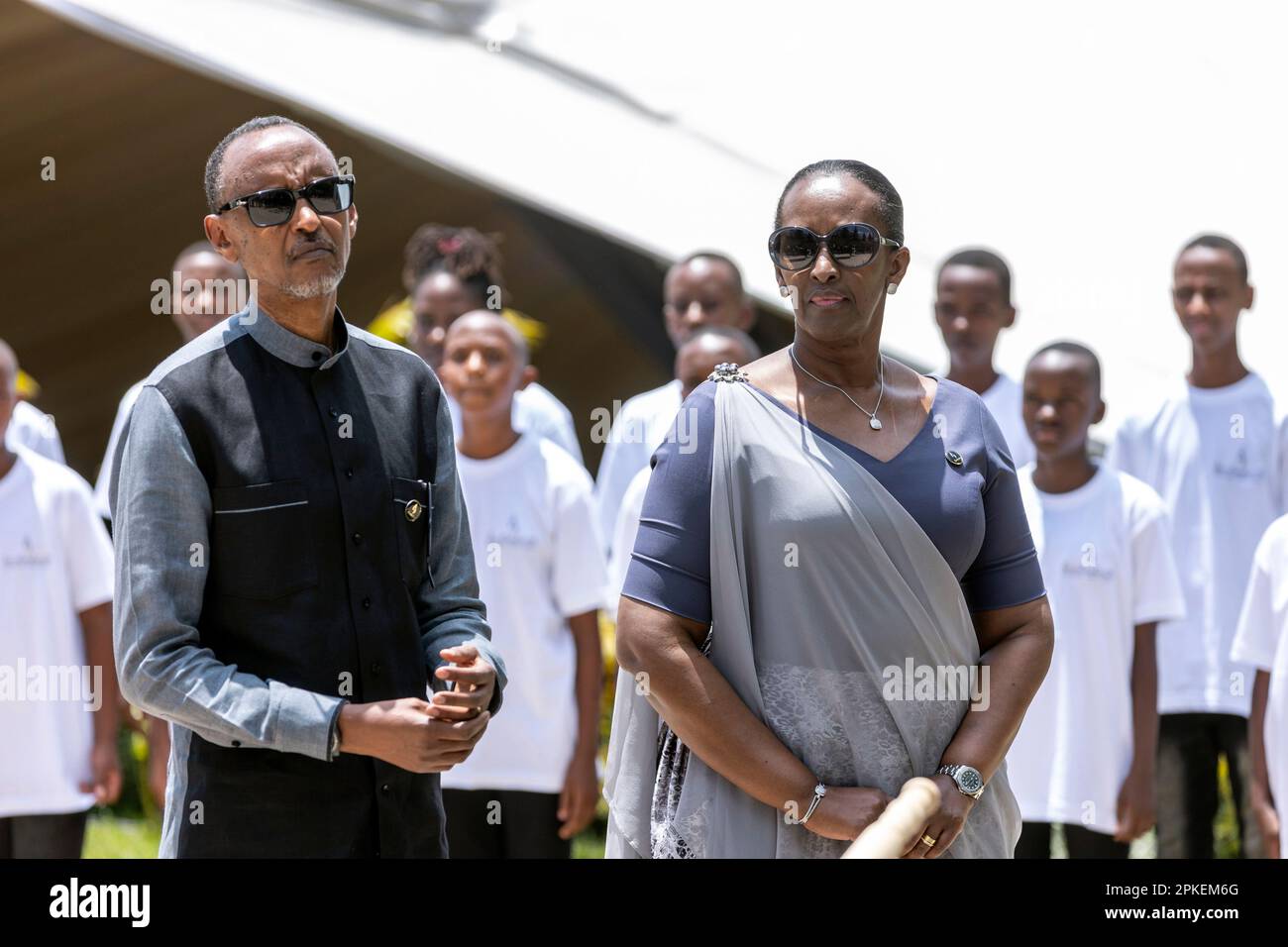 Rwanda's president Paul Kagame, left, and his wife Jeannette Kagame ...