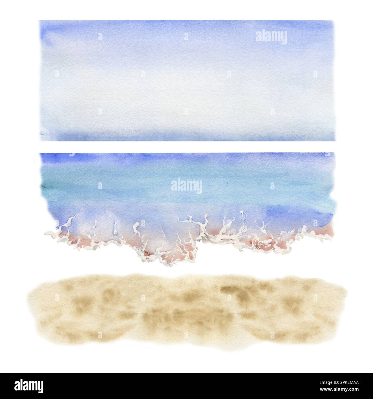 Hand drawn watercolor seascape. Water and surf on the beach with water ...