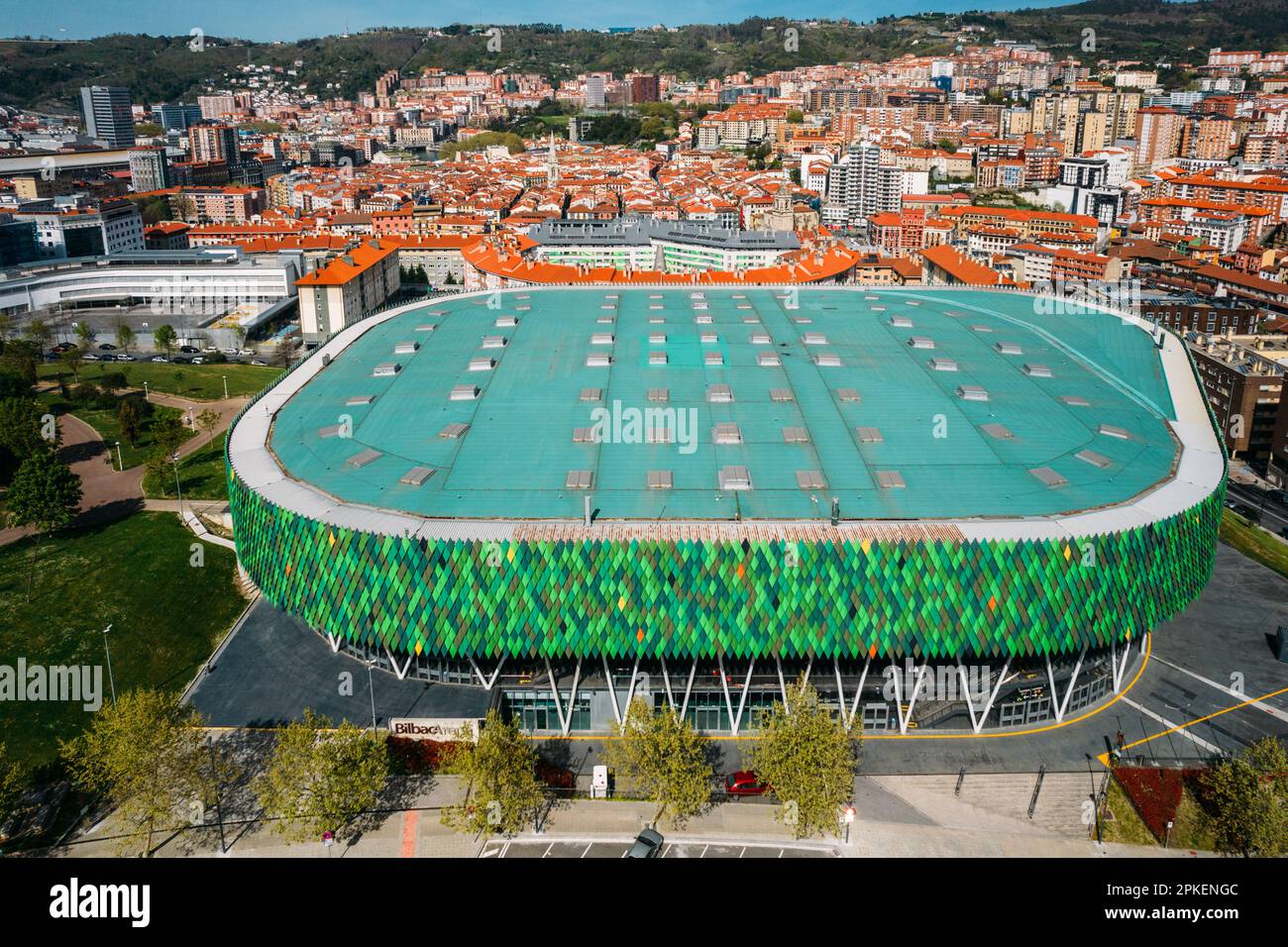 Bilbao, Spain - April 5, 2023: Aerial drone facade view of Bilbao Arena ...