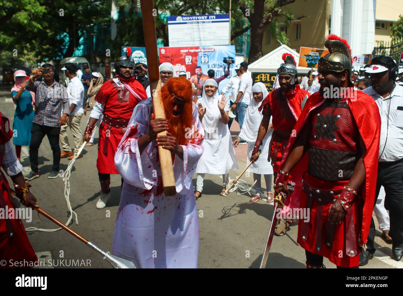 Chennai, India. 7th Apr 2023. Christians take part in a re-enactment of ...