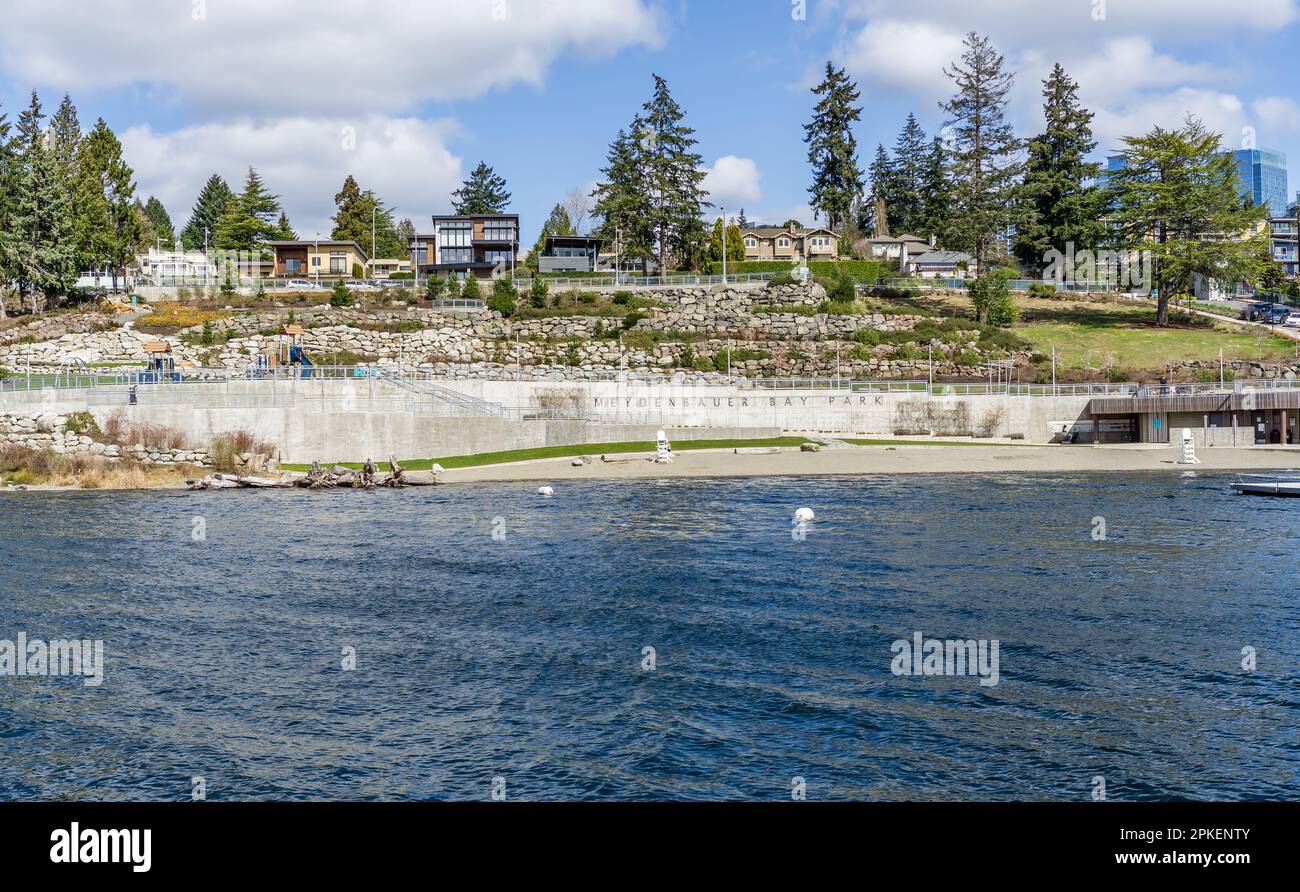 A rock wall rises up at Meydenbauer Bay Park in Bellevue, Washington ...