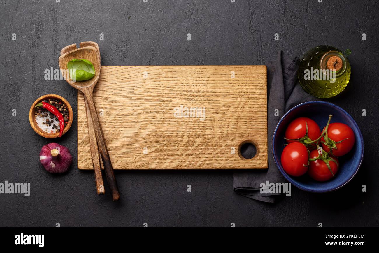 Top-down view of a kitchen table with ingredients, utensils, and ...