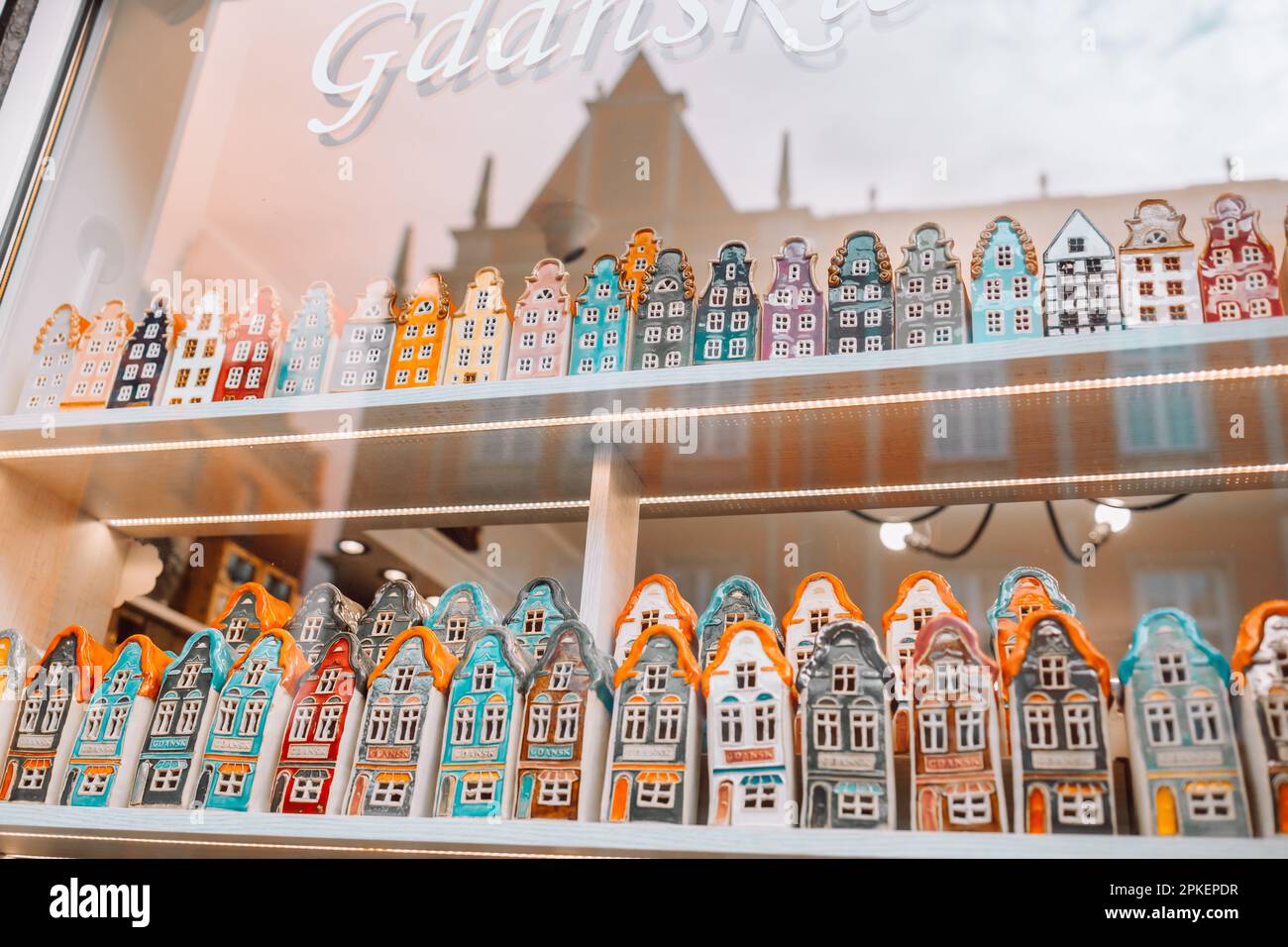 Traditional delftware of Gdansk houses in a shop window, touristic ...