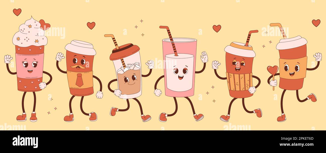 Big collection retro cartoon characters coffee. Cute takeaway coffee in ...
