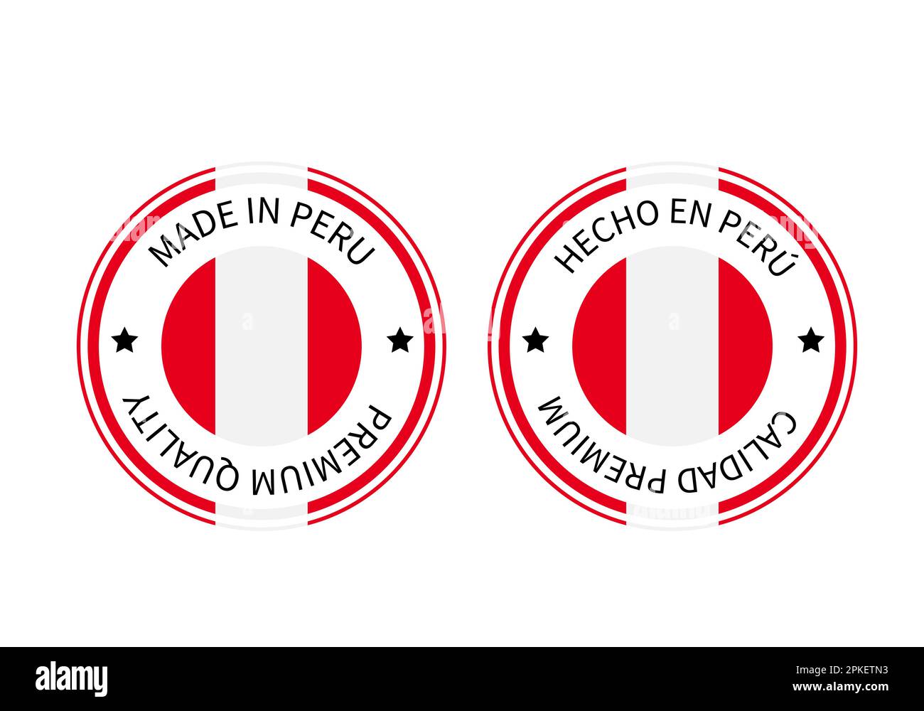Made in Peru round labels in English and in Spanish languages. Quality ...