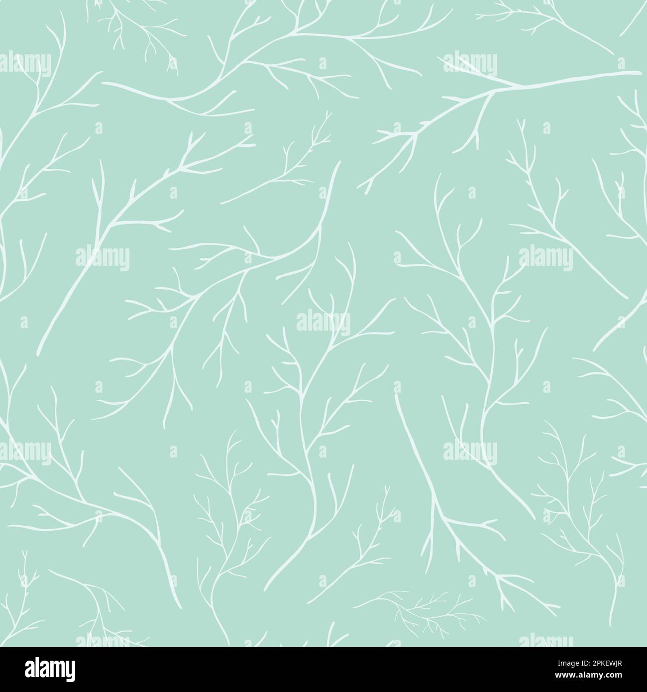 White hand drawn branches on pale blue background repeating pattern. Minimalistic botanical ...