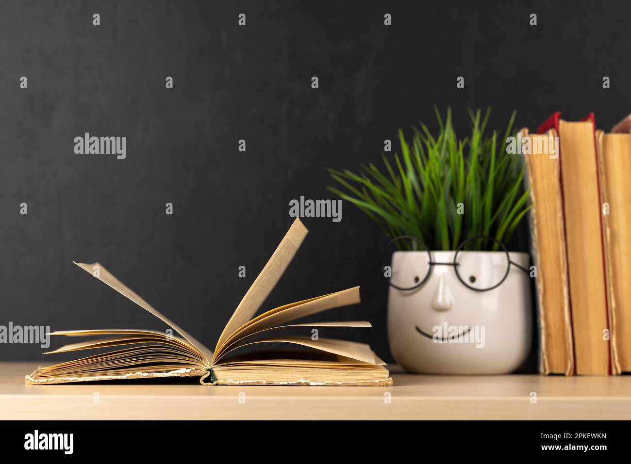 Old books on a table, with one book open and copy space for your text ...