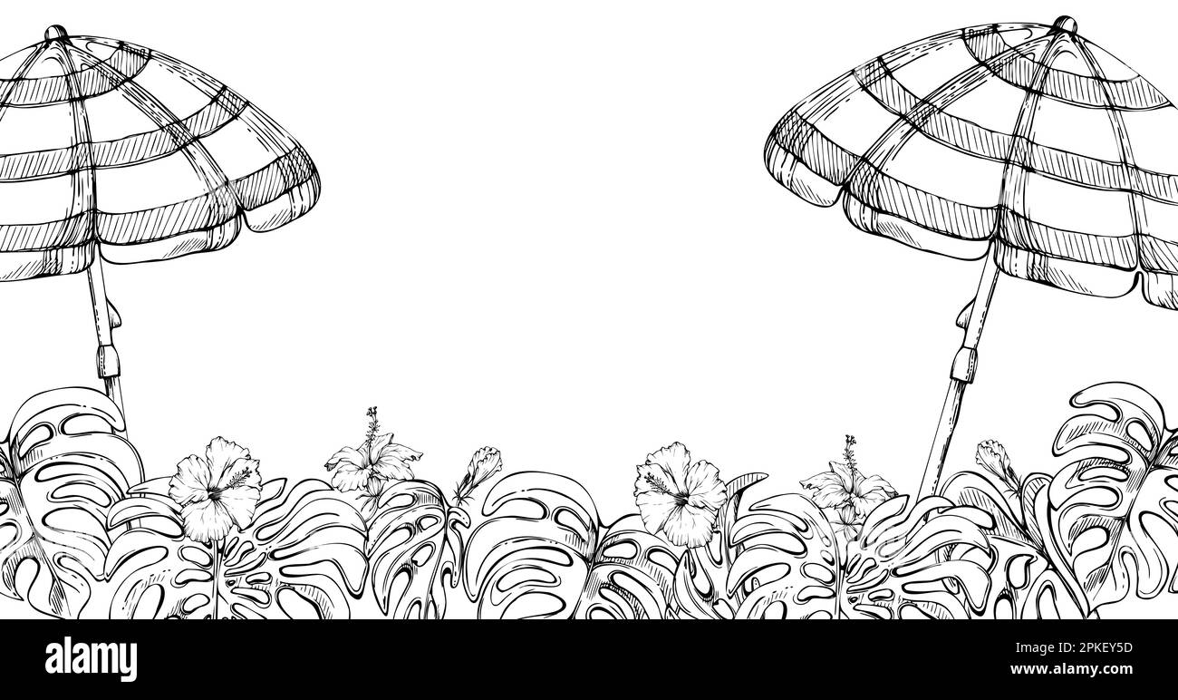 Hand drawn vector ink composition. Striped beach umbrellas, hibiscus ...