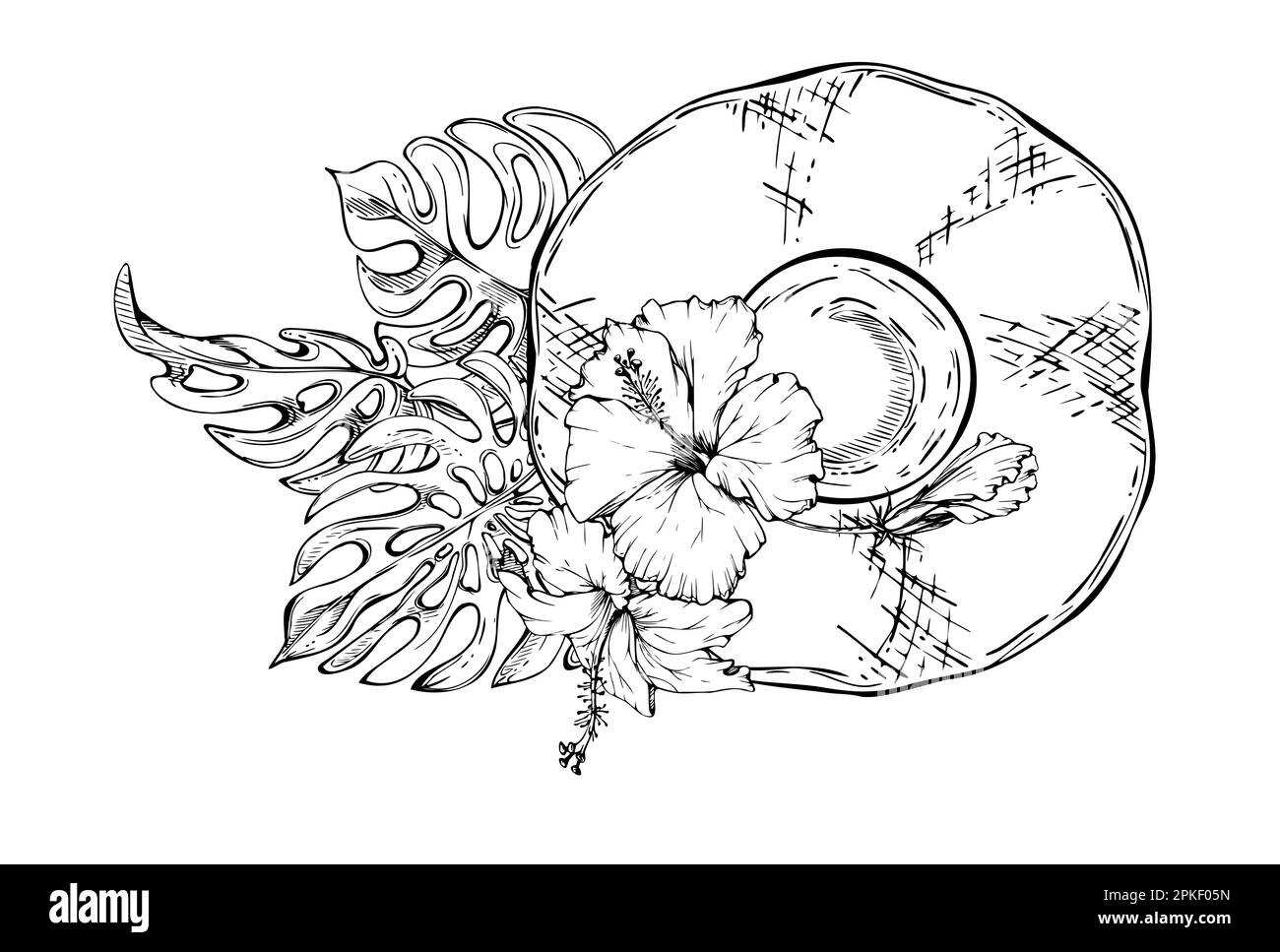 Hand drawn vector ink composition. Straw sun hat, exotic hibiscus ...