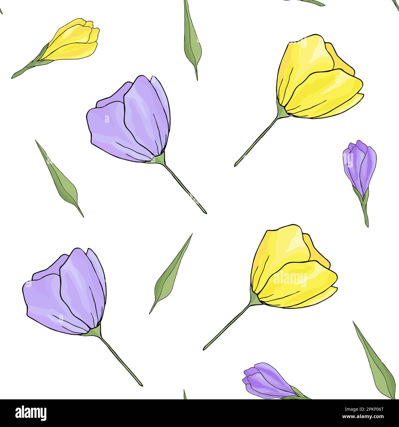 Hand drawn purple and yellow flowers seamless pattern. Endless texture ...