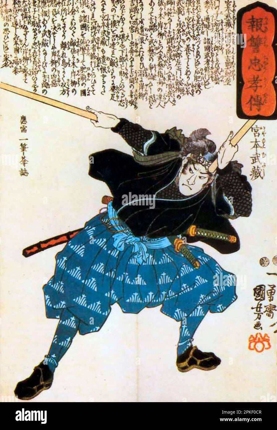 Miyamoto Musashi in his prime, wielding two bokken (wooden quarterstave ...
