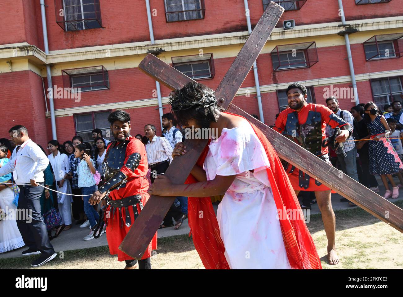 New Delhi, India. 7th Apr, 2023. Christian devotees enact a scene of ...
