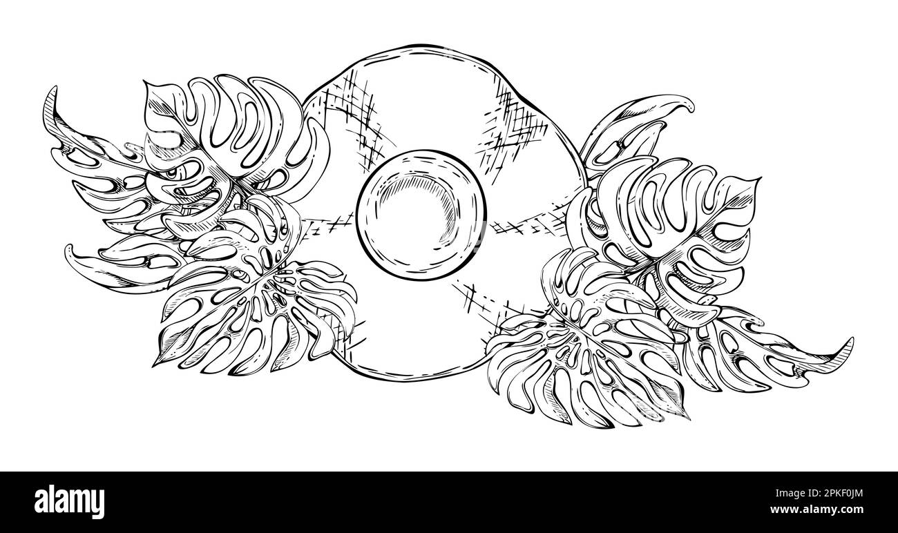 Hand drawn vector ink composition. Straw sun hat, exotic hibiscus ...