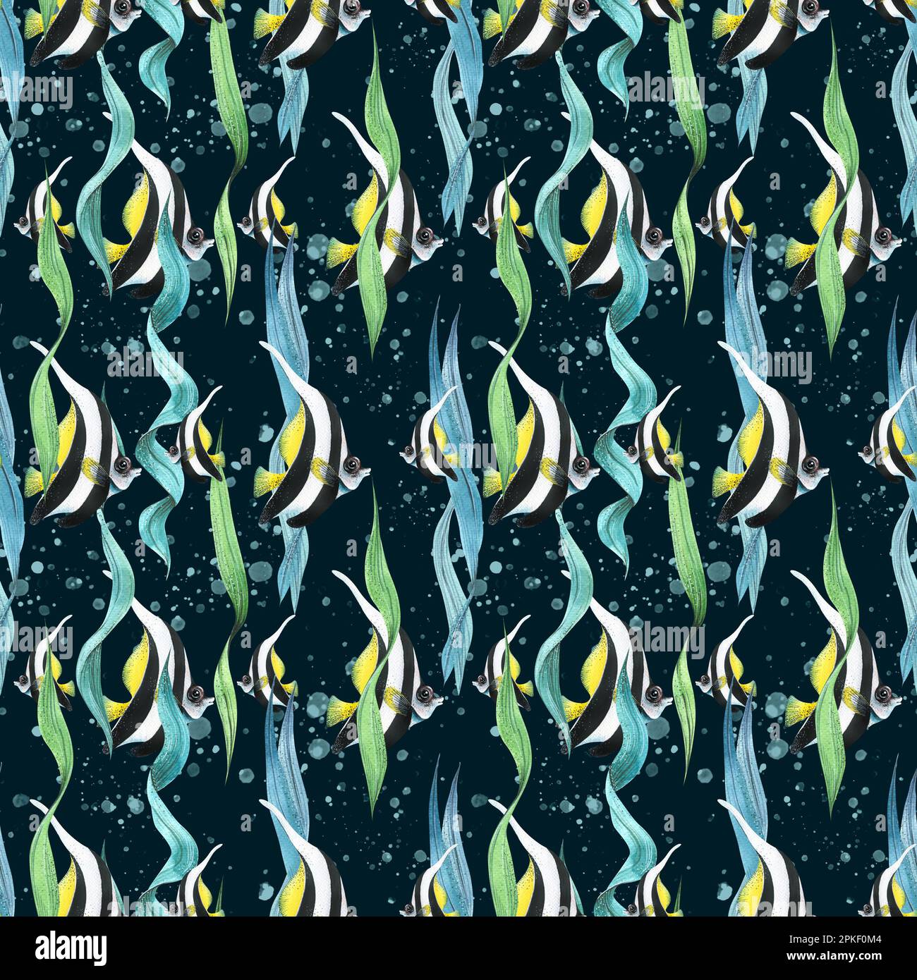 Bright striped triangular tropical fish in white, yellow and black ...