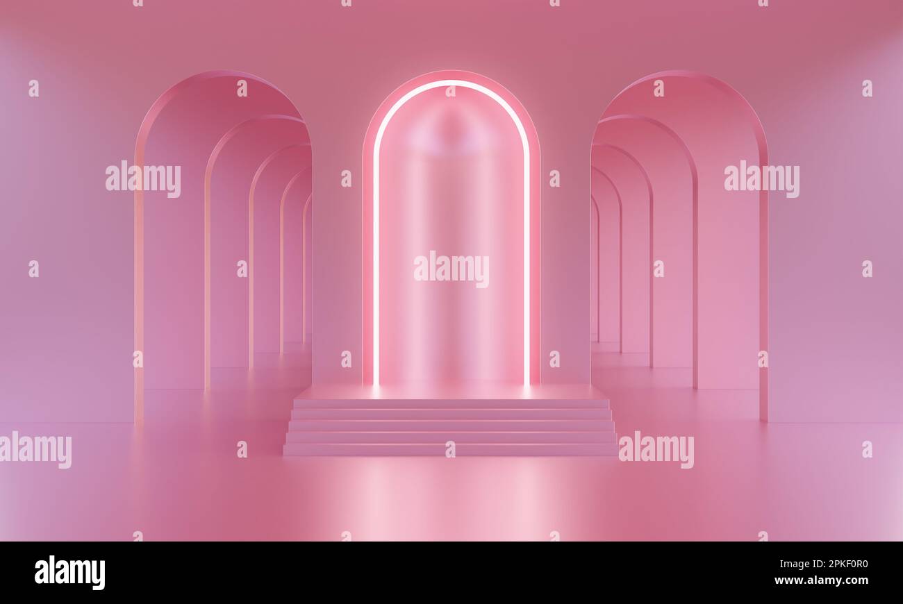 3D mock up podium in a bright pink empty room with arches and neon pink lighting. Abstract ...