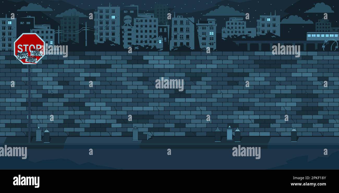 Dark Flat Empty Night Brick Wall With Background Of The Cityscape ...