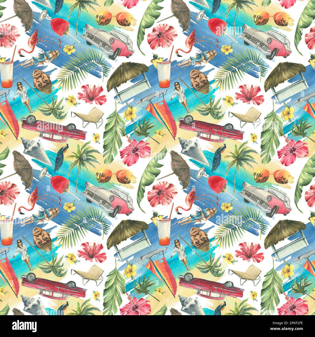 Cuban print, retro cars, palm trees, pink flamingos, sea, sand, shells ...